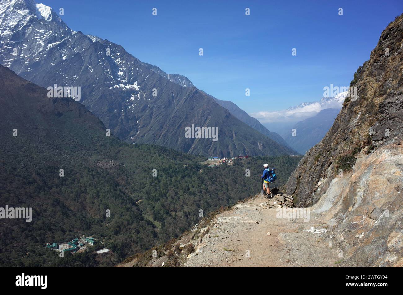 Everest trek, Tourist hiking on Pangboche - Portse upper trail with ...