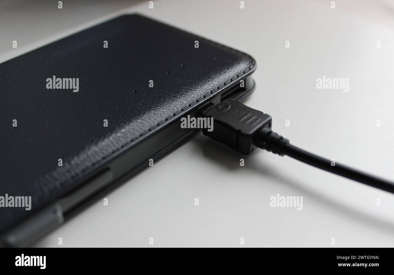 The charging cable is connected to a completely discharged power bank ...