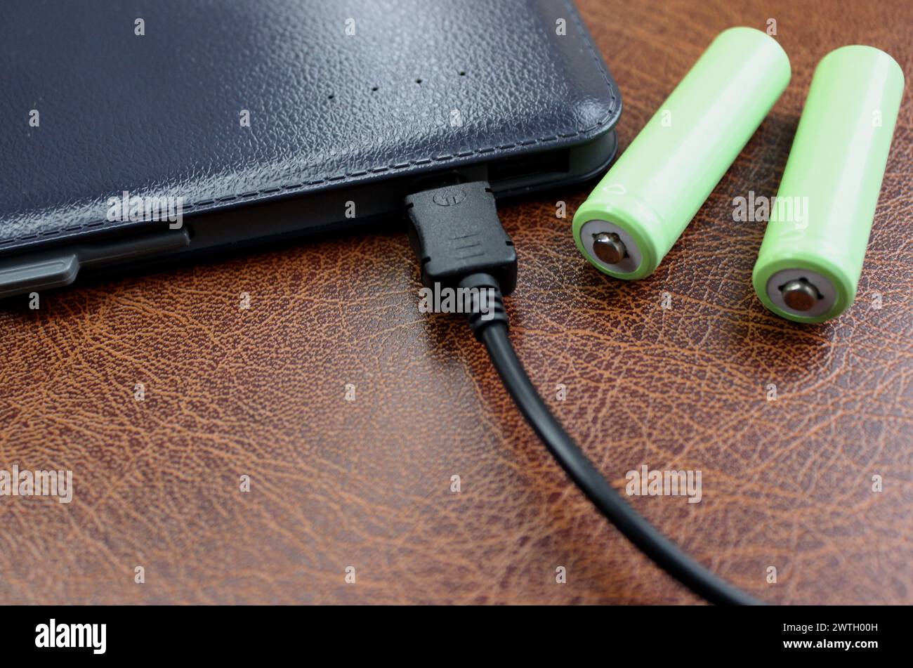 Two AA batteries near elegant leather power bank on brown leather ...