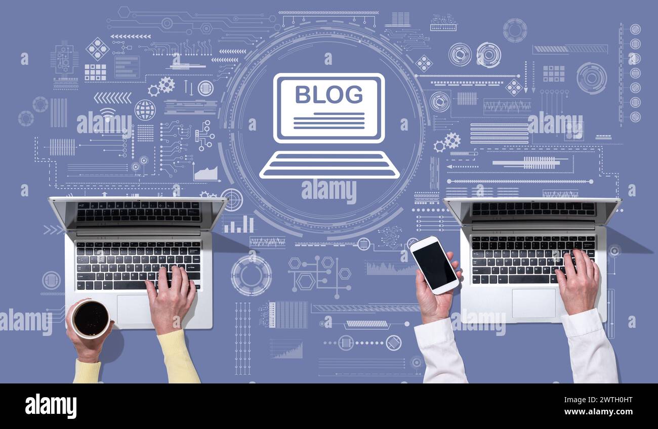 Top view of hands using laptop with symbol of blog concept Stock Photo ...