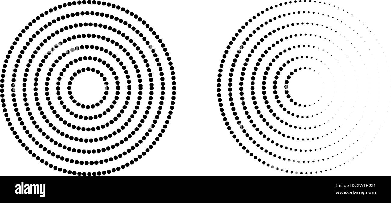 Set of circular ripple icons. Concentric circles with whole and broken ...