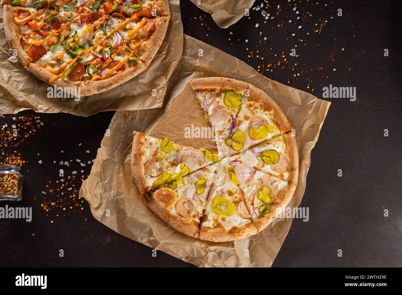 crispy baked toasted pizza with ham, pickles and onions without one ...
