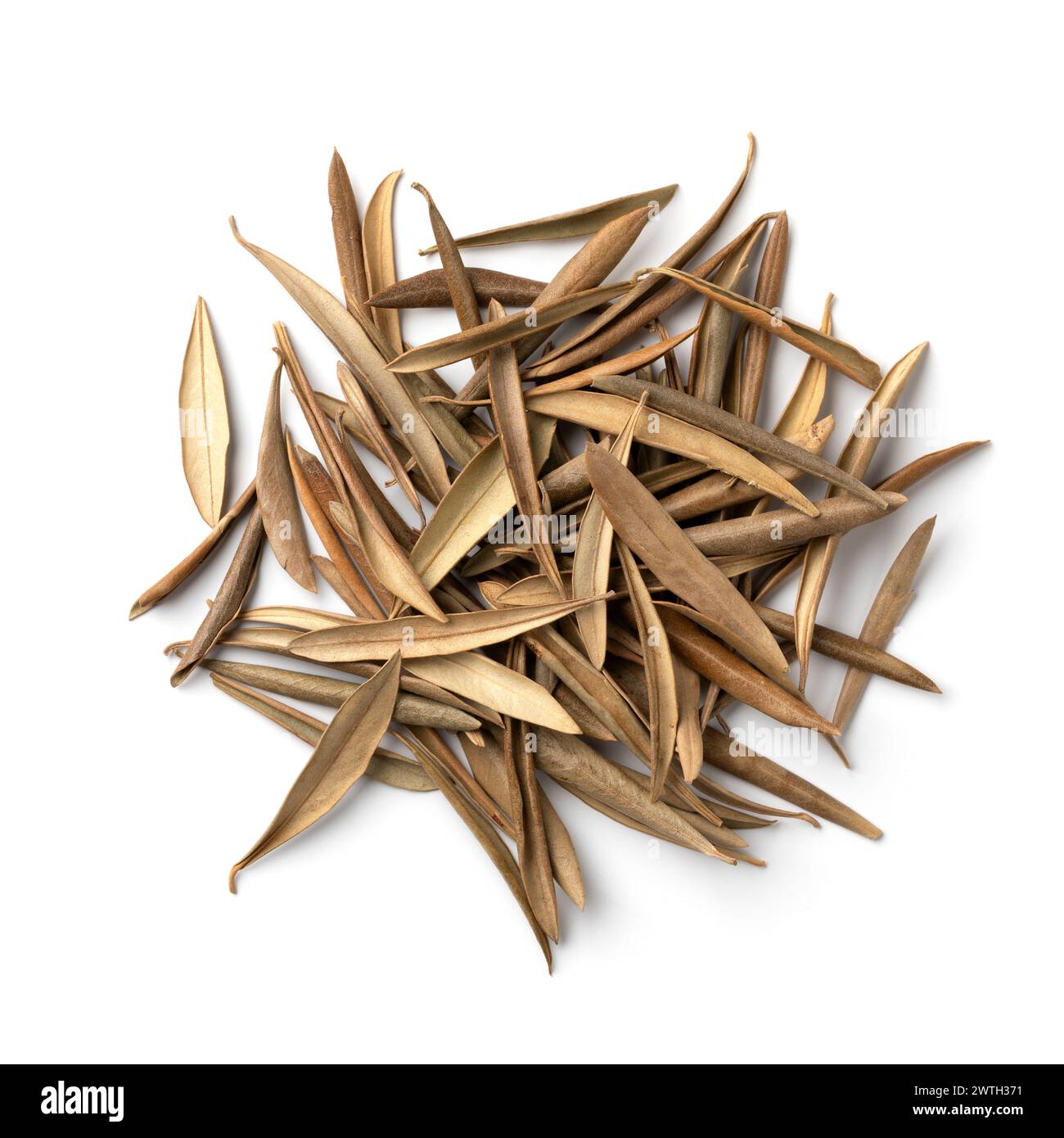 Heap of dried olive leaves as an ingredient isolated on white ...