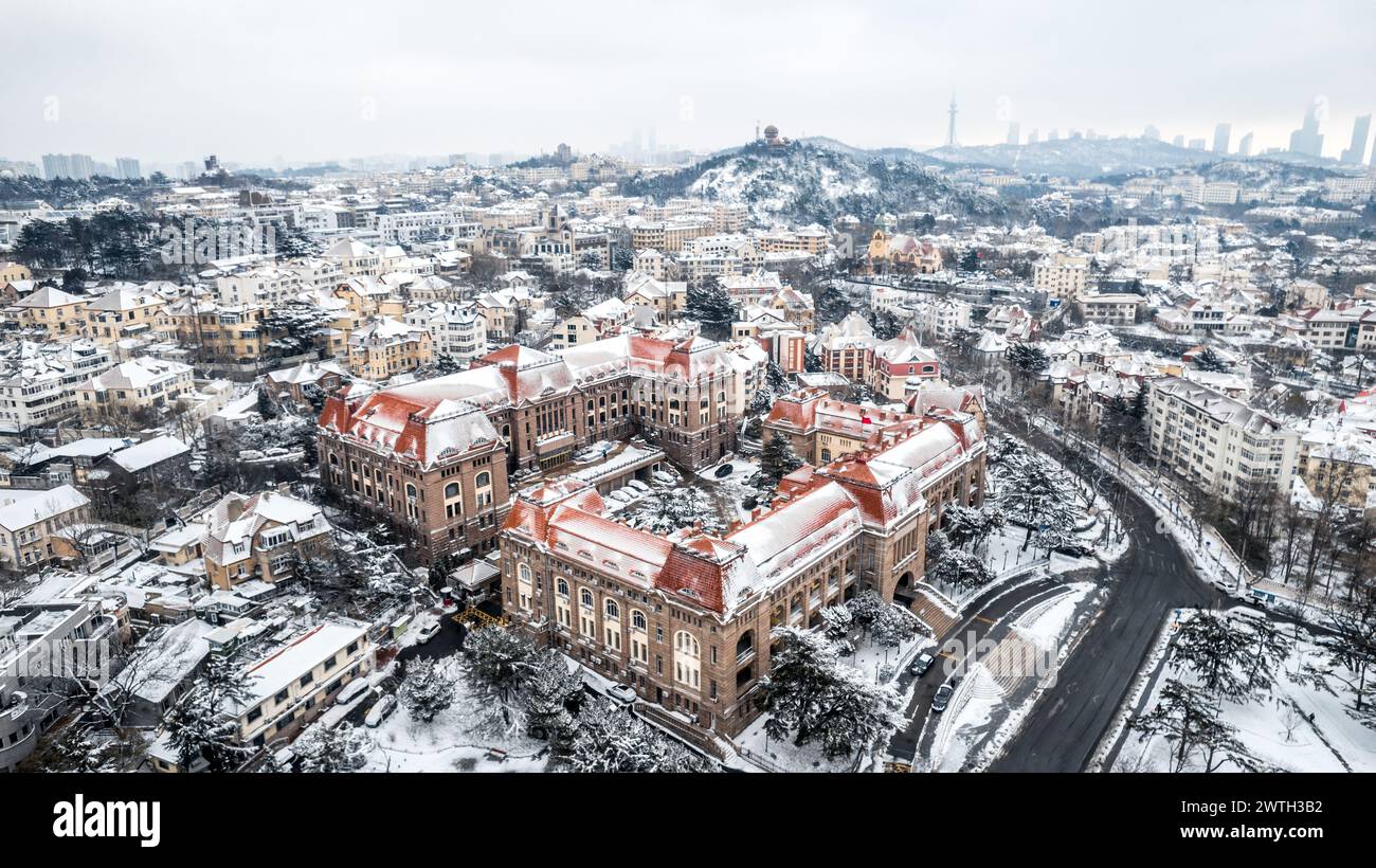 An aerial shot of Qingdao City Snow Scene in Winter, China (Former Site ...