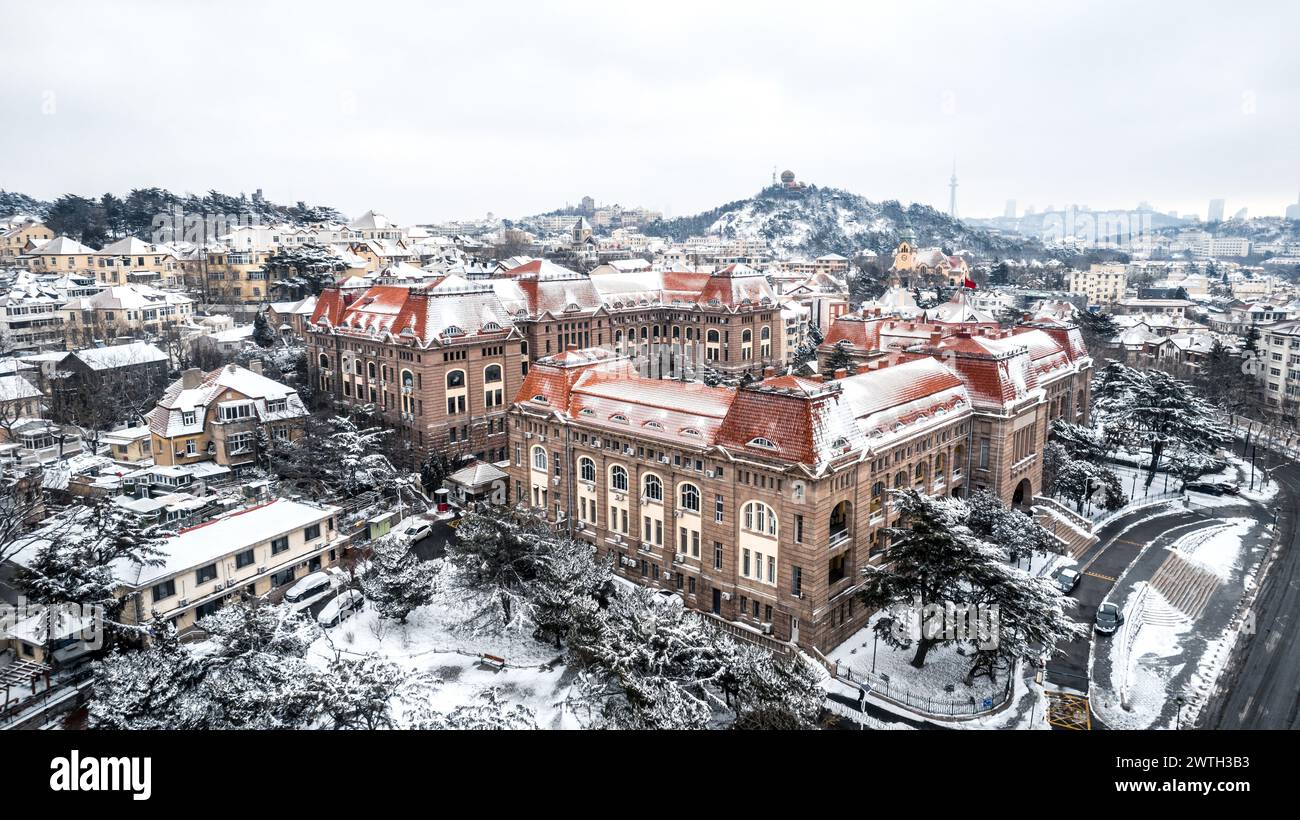 An aerial shot of Qingdao City Snow Scene in Winter, China (Former Site ...