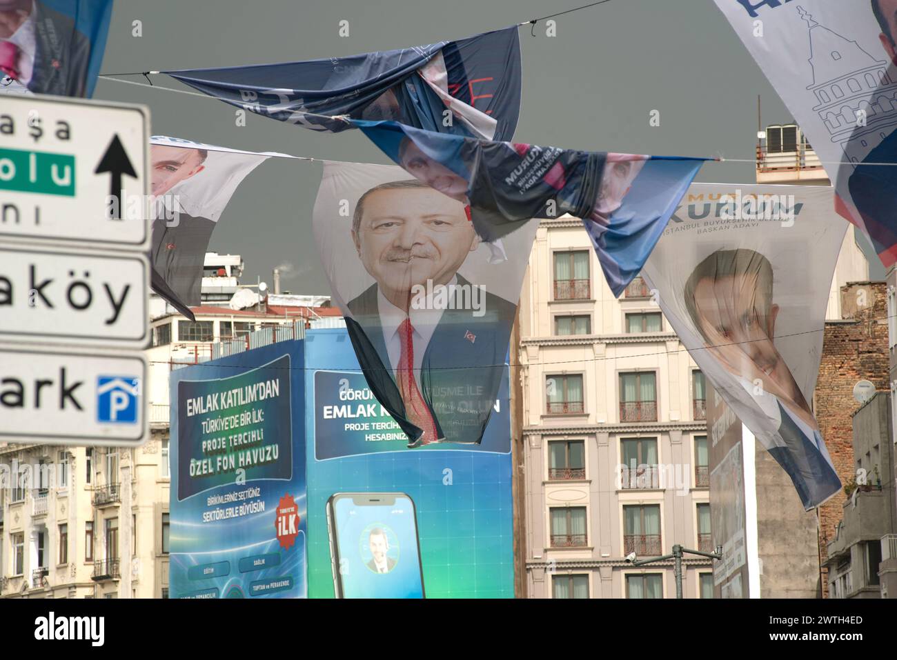 Istanbul, Turkey. 16th March 2024 Election banners including a portrait ...