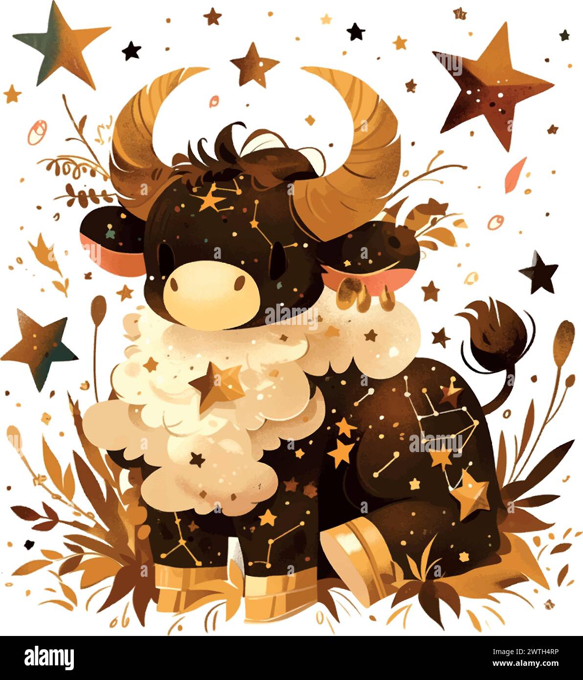 cute Taurus with golden stars illustration on white background Stock ...
