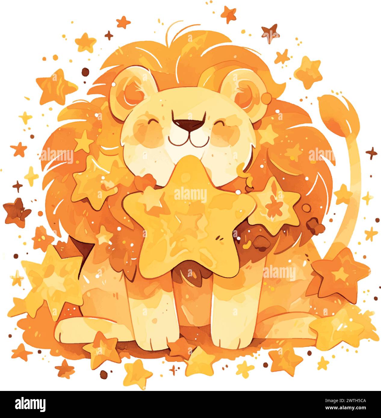 cute Leo with golden stars illustration on white background Stock ...