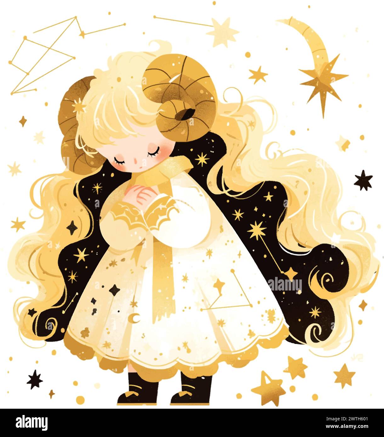 cute Aries with golden stars illustration on white background Stock ...