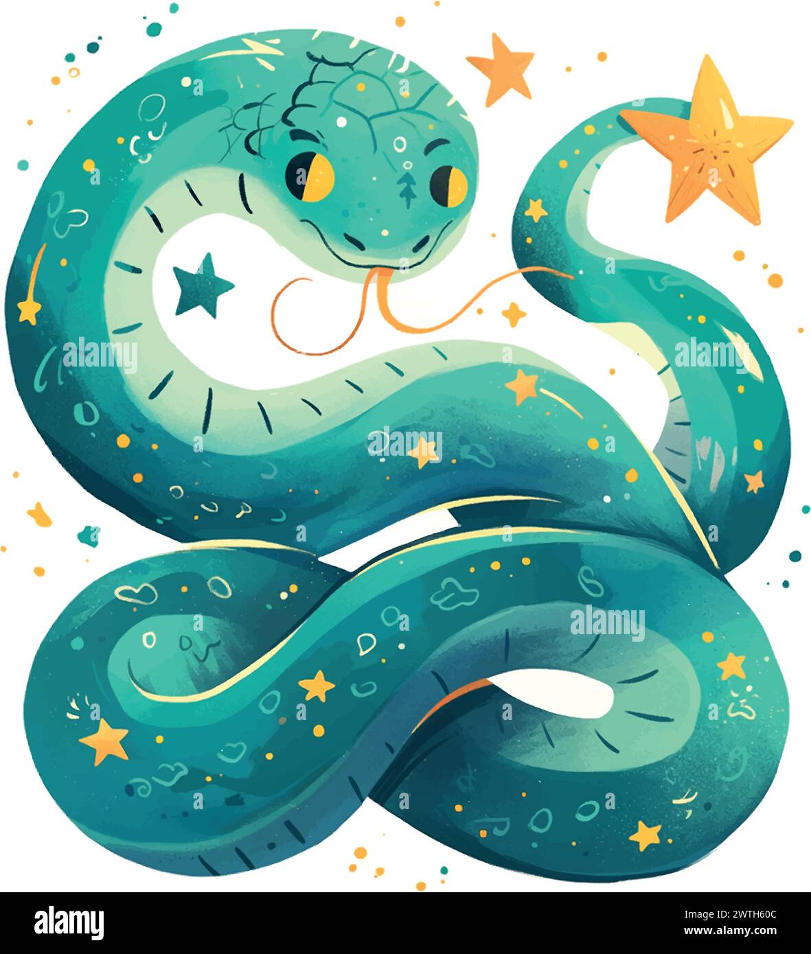 A green snake and stars around it. The snake is sitting on a white ...