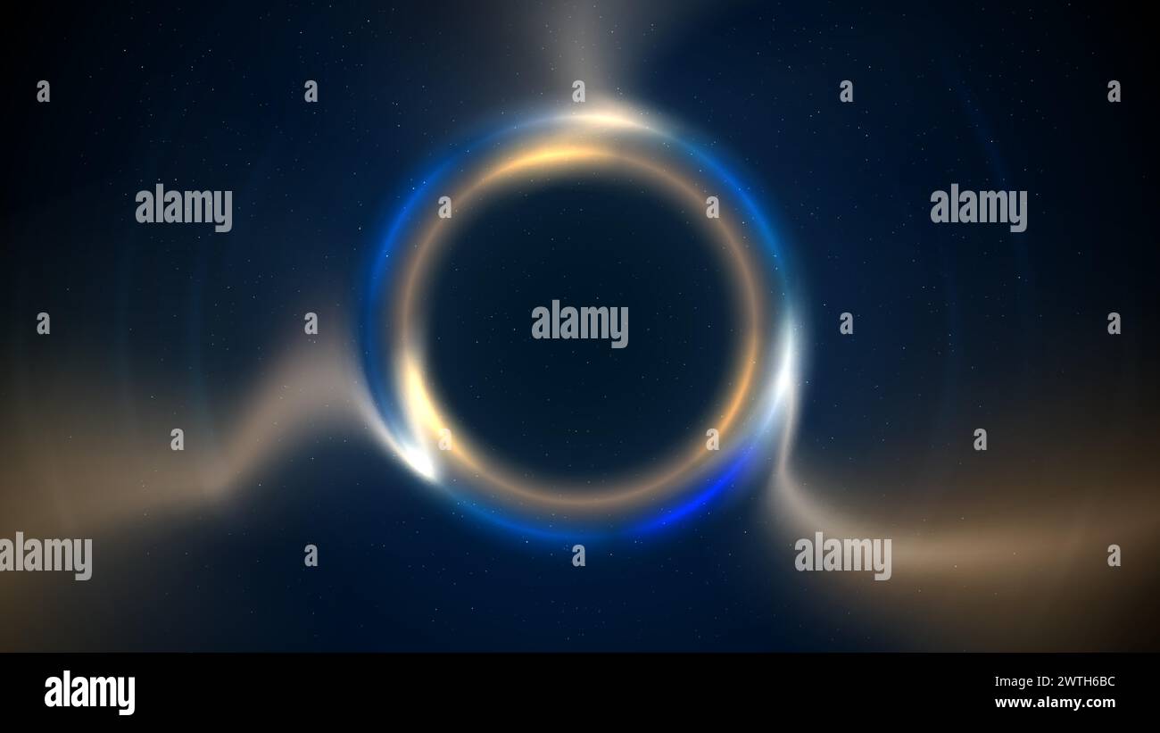 Golden blue circular light frame on dark background. Shining light ring ...