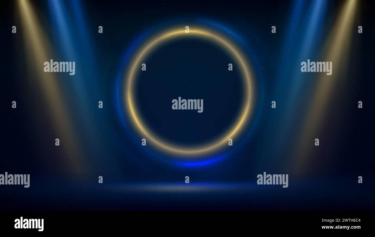 Blue golden spotlight backdrop. Stage with golden blue circular ...