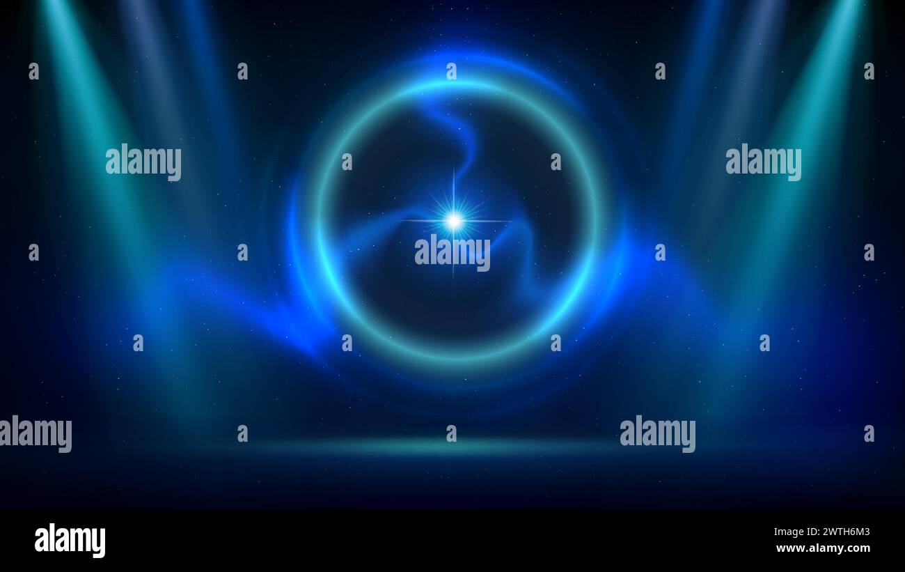 Blue spotlight backdrop. Science experiment. Stage, blue cyan circular ...