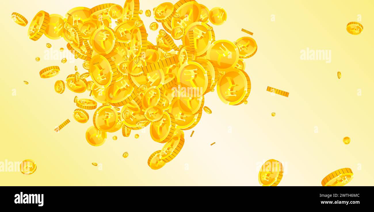 Indian rupee coins falling. Scattered gold INR coins. India money ...