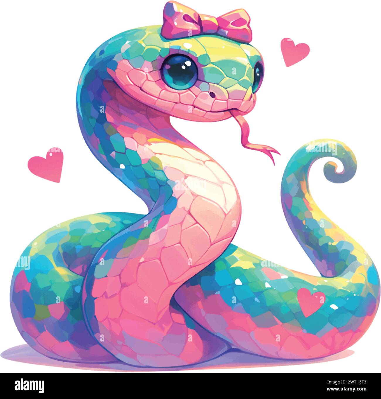 A green snake and hearts around it. The snake is sitting on a white ...