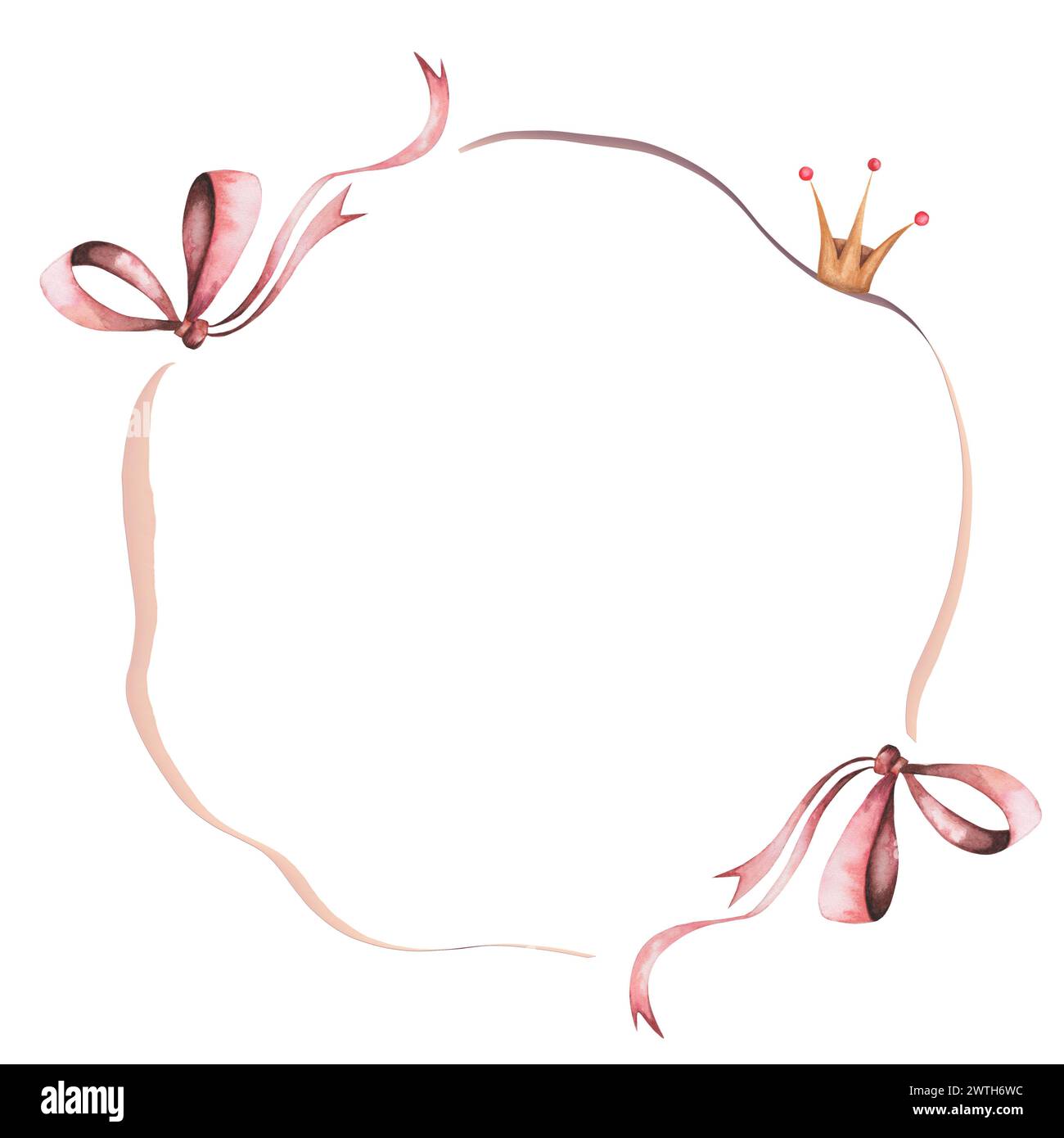 Frame with bows. Watercolor elegant pink bows and ribbons in a round ...