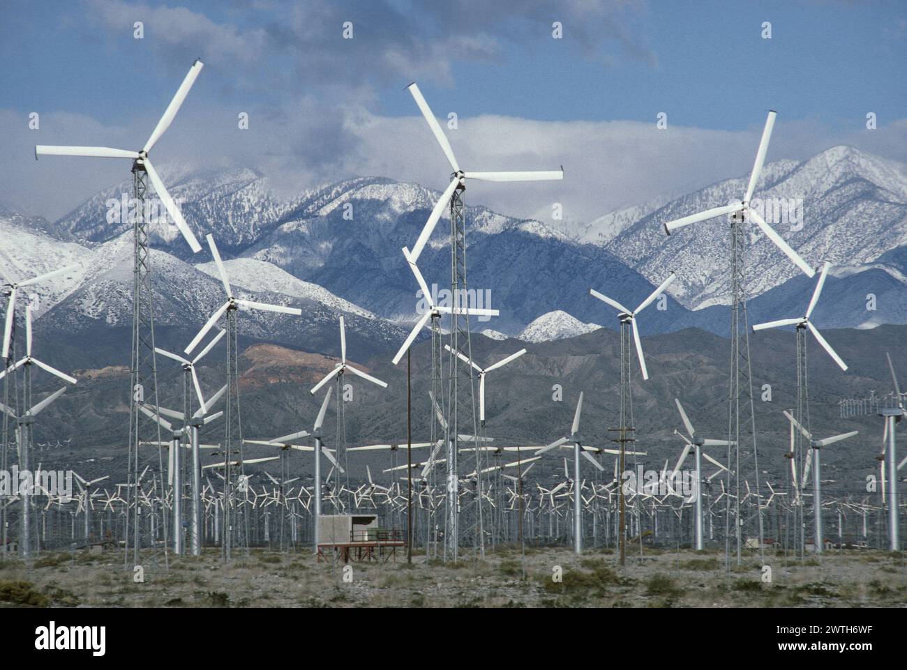 Wind generating turbines seen near the mountains of southern California ...
