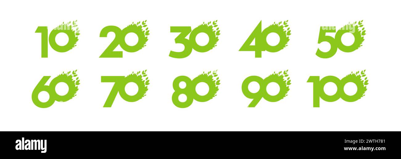 Set of creative green numbers from 10 to 100. Cute collection with ...