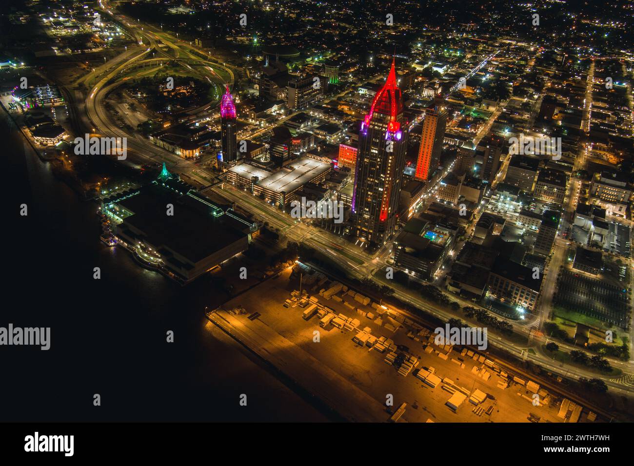 Downtown Mobile, AL riverside at night Stock Photo - Alamy