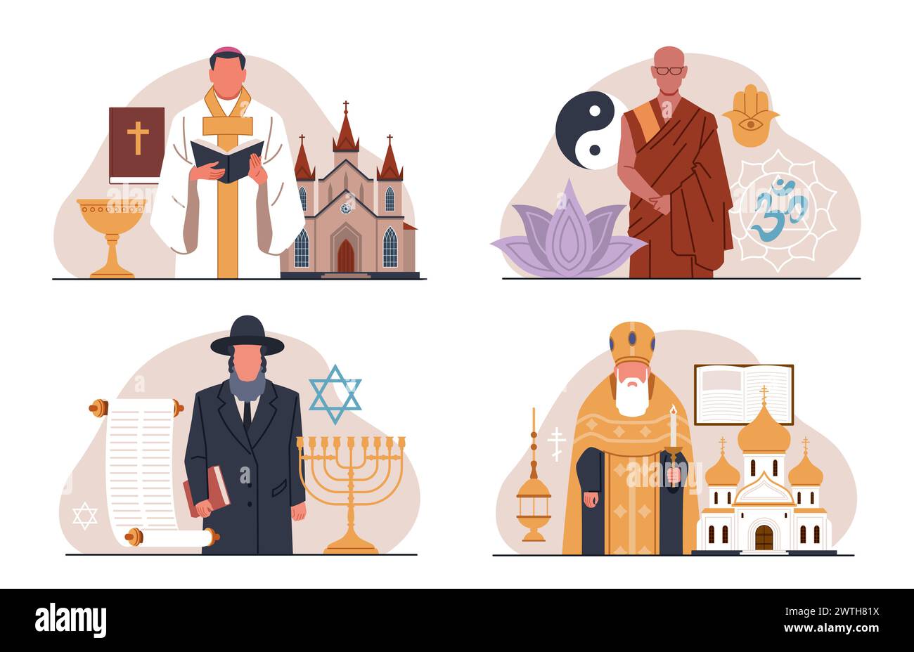 World religions. Different faiths signs, symbols, priests, preachers ...