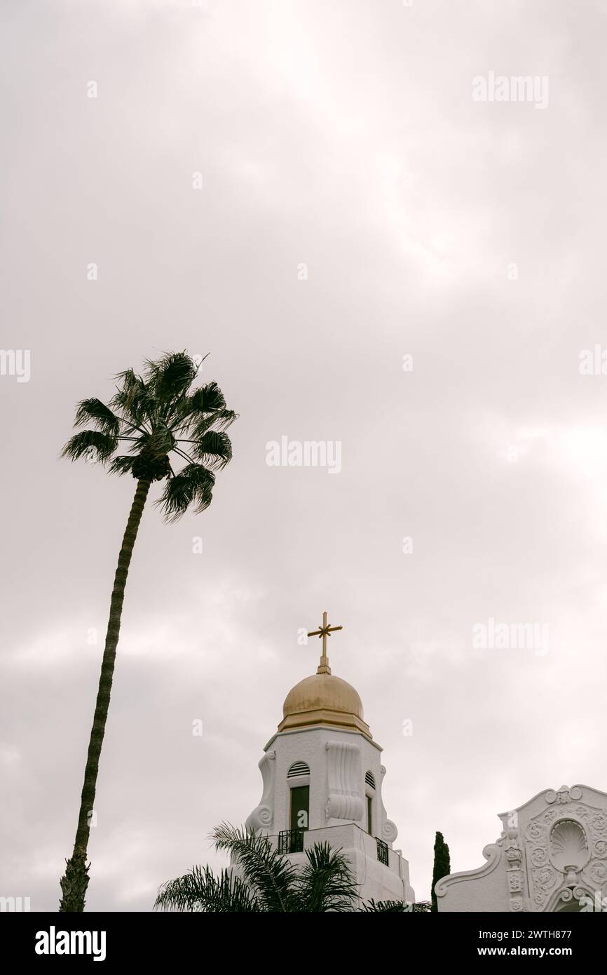 Palm tree and partial view of Catholic Church Stock Photo - Alamy