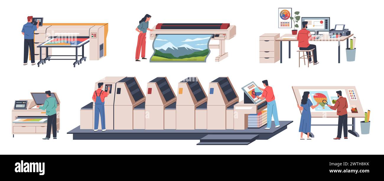 Polygraph equipment. Printing house, workers at machines, printed materials, newspapers and ...