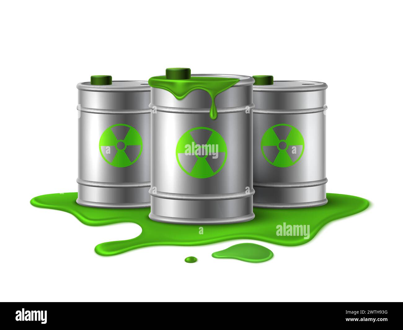 Nuclear waste. Barrels hazard, green toxic liquid. Radioactive industrial danger substance ...