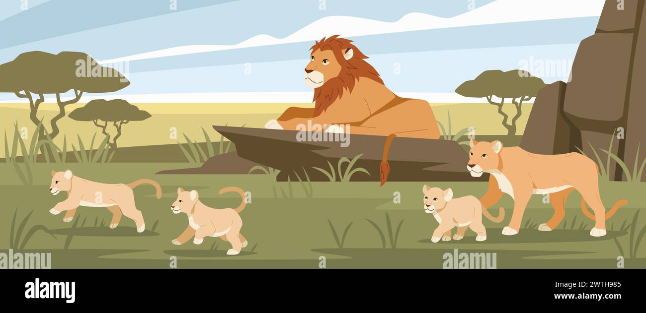 Lion family in savannah. Cubs and lioness resting, wild animals pride ...