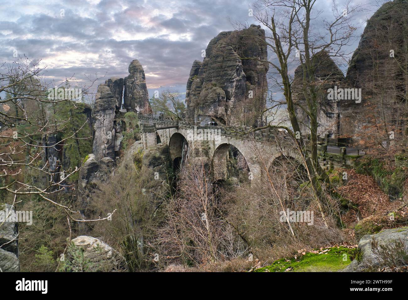 The Bastei Bridge in Saxon Switzerland. jagged rocks, viewing platform ...