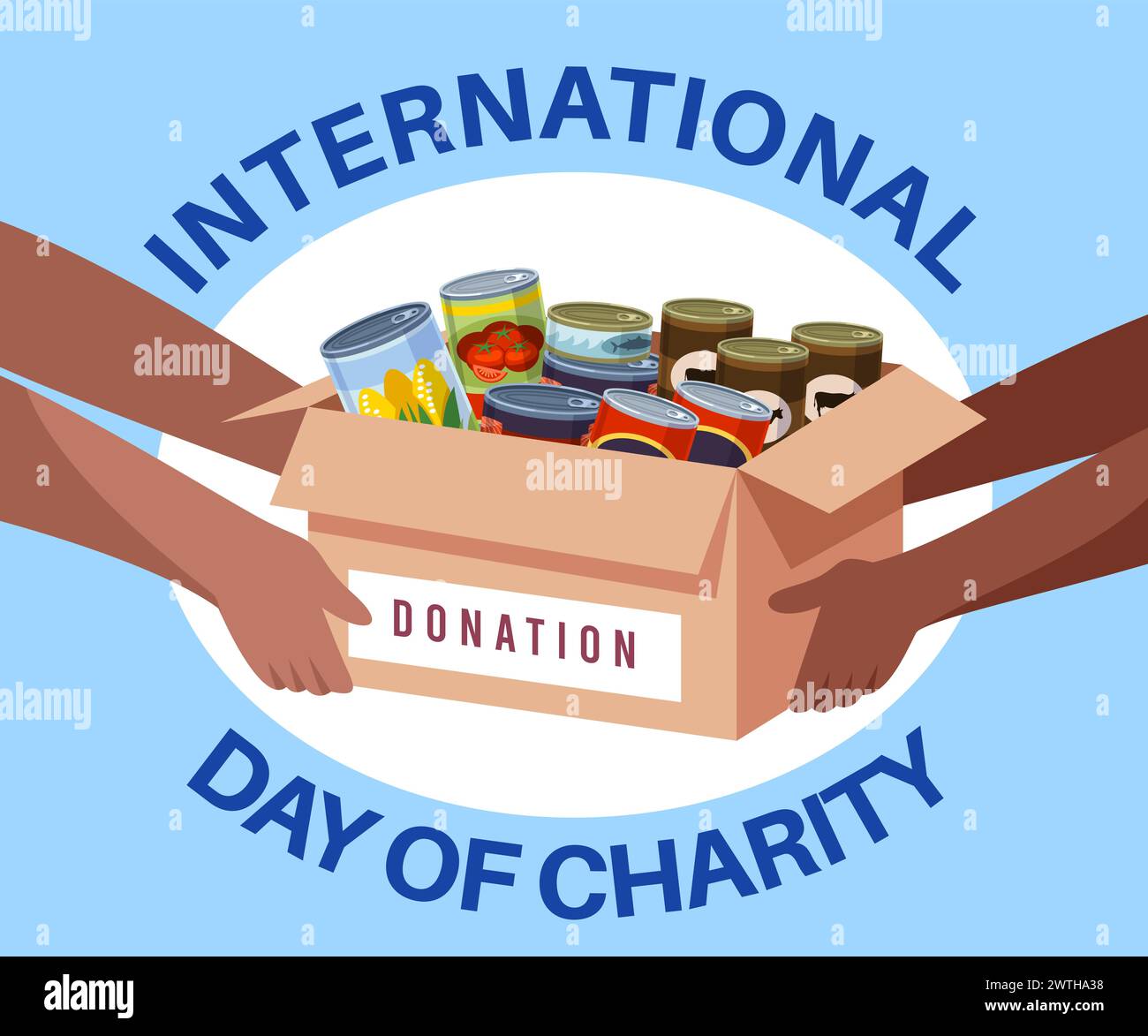Donated canned food. Hands are passing cardboard box with humanitarian ...