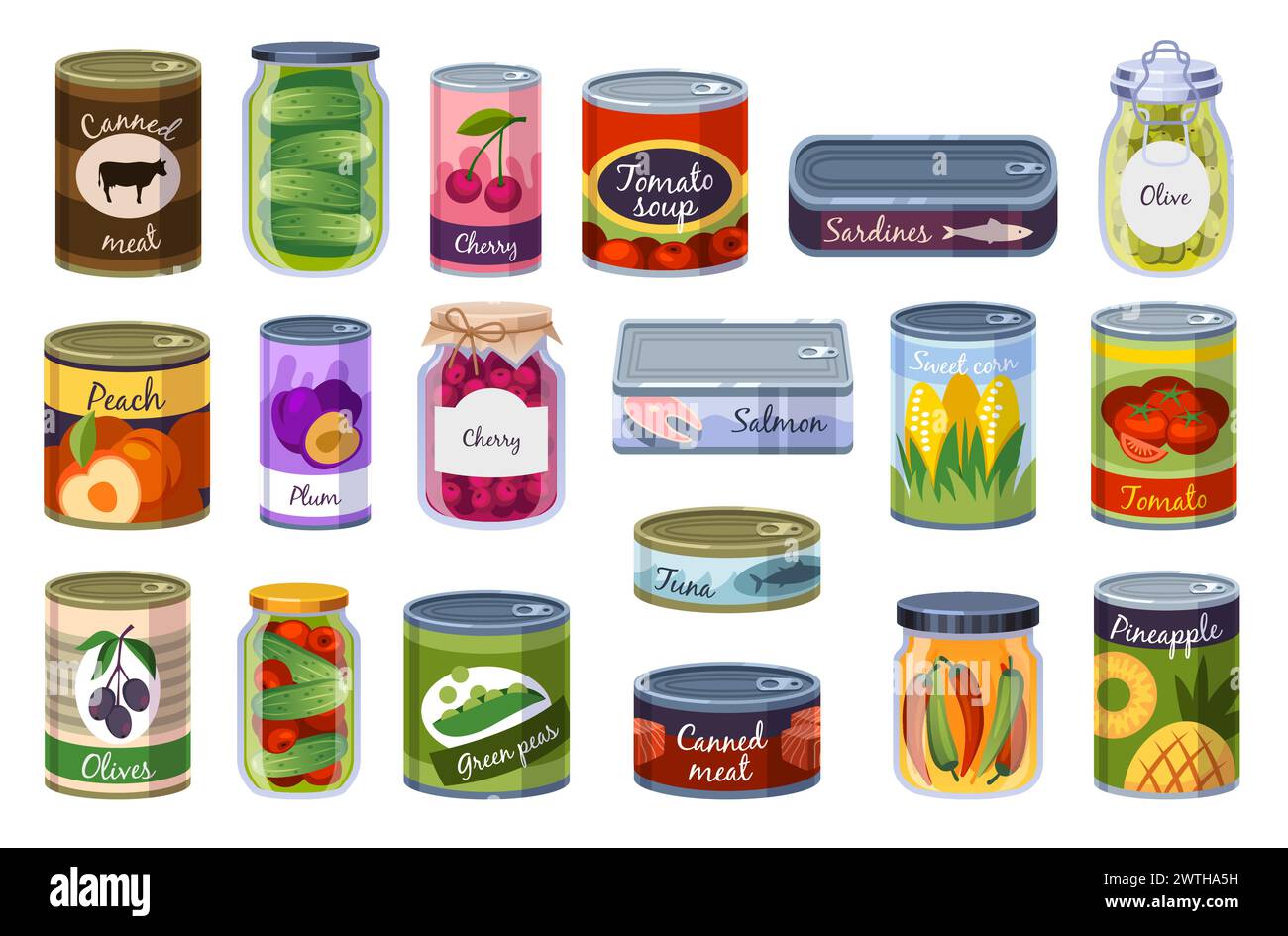 Cans preserved products. Canned food, glass jars with vegetables ...