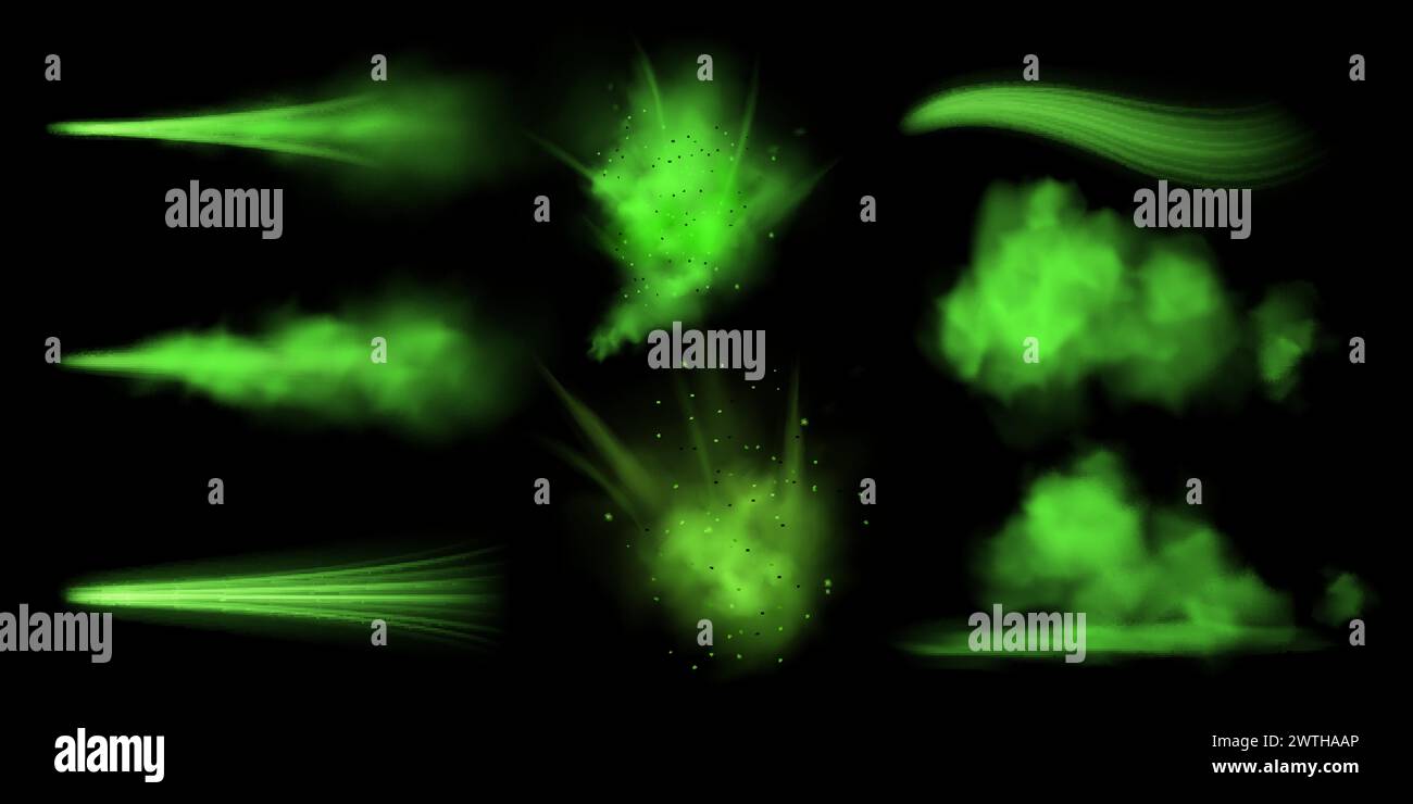 Acid spray and clouds. Realistic green particles flying, toxic smoke as ...
