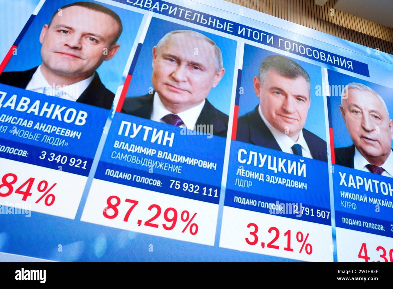 Moscow, Russia. 18th Mar, 2024. A screen shows the preliminary results ...