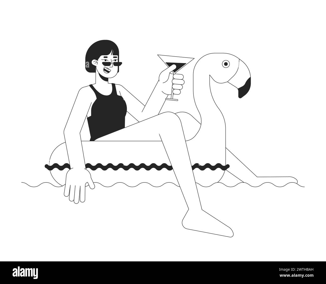 Happy woman on inflatable flamingo black and white 2D line cartoon character Stock Vector Image ...