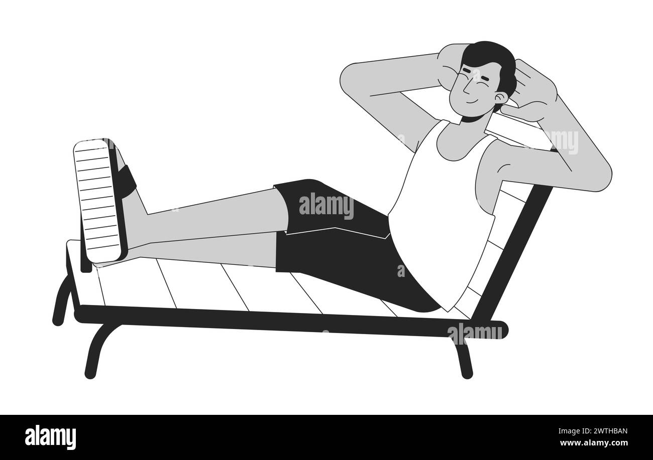 Indian man resting on deckchair black and white 2D line cartoon ...