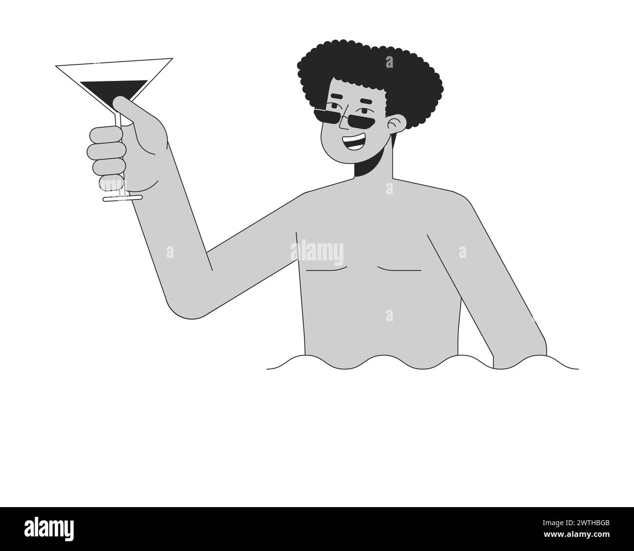 Man holding cocktail on pool black and white 2D line cartoon character ...