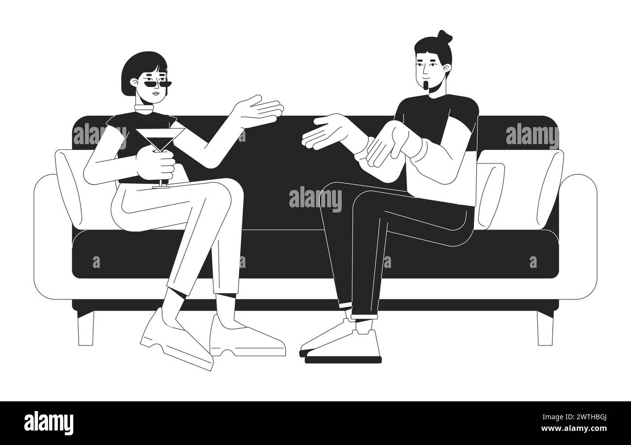 Young couple talking on sofa black and white 2D line cartoon characters ...