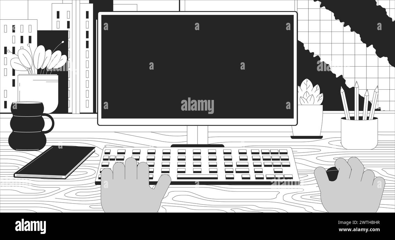 Black man working on computer 2D linear illustration concept Stock ...
