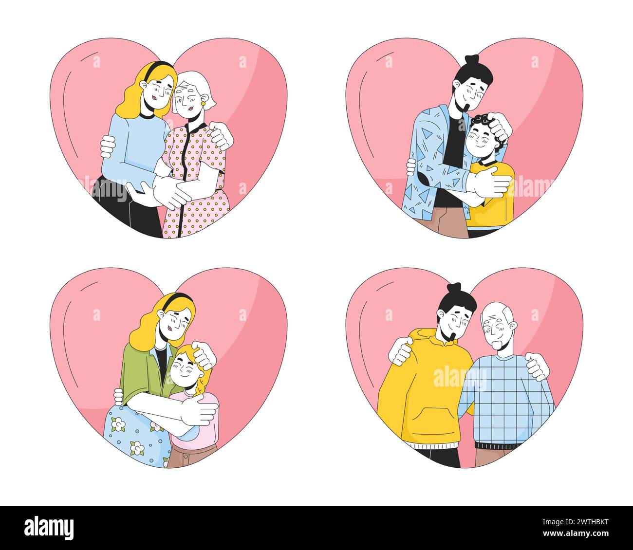 Heart-shaped caucasian family hugs 2D linear cartoon characters set ...