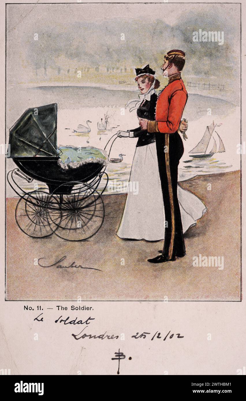 Edwardian British postcard, Soldier walking in park with wife and baby ...