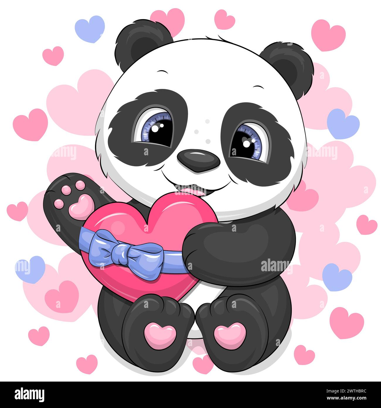 Cute cartoon panda holds a heart with blue ribbon. Vector illustration ...