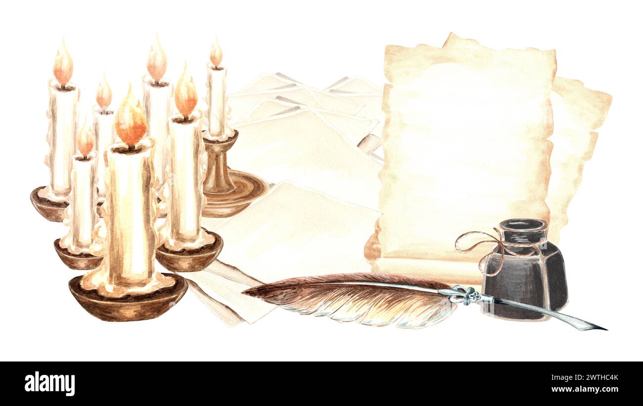 Sheets of parchment paper and burning candles, feather pen with inkwel ...