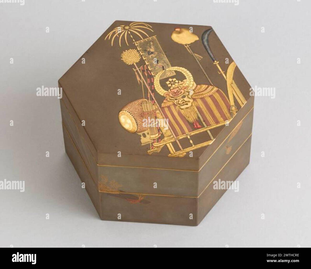 Brown Lacquer Three-Tiered Box with Inlaid Japanese Weaponry Meiji ...