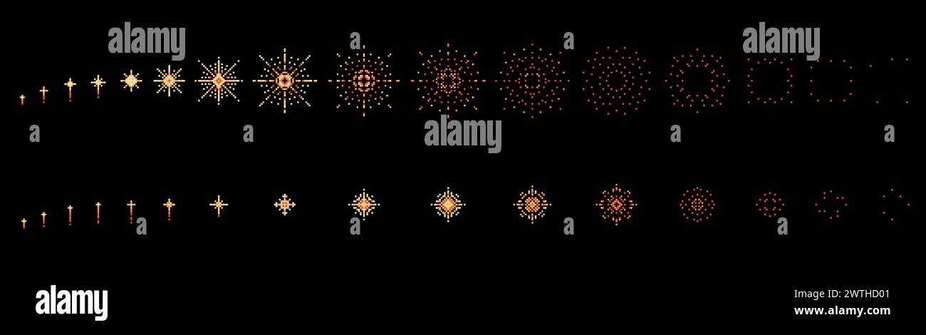Firework 8 bit pixel animation, arcade game night star explosion ...