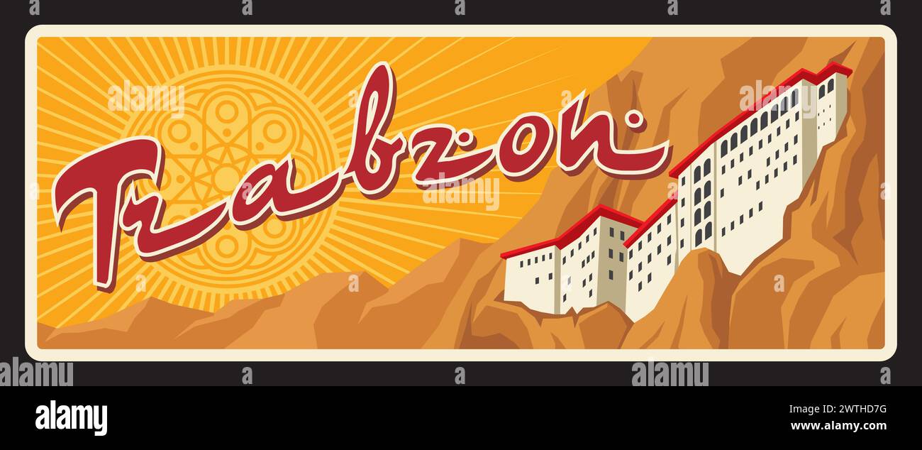 Trabzon Turkey province retro travel plate, vector banner of touristic ...