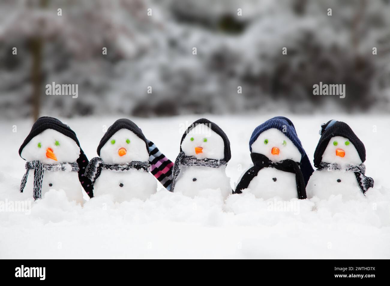 Cute little snowmen in a line dressed in hats and scarfs in winter with ...
