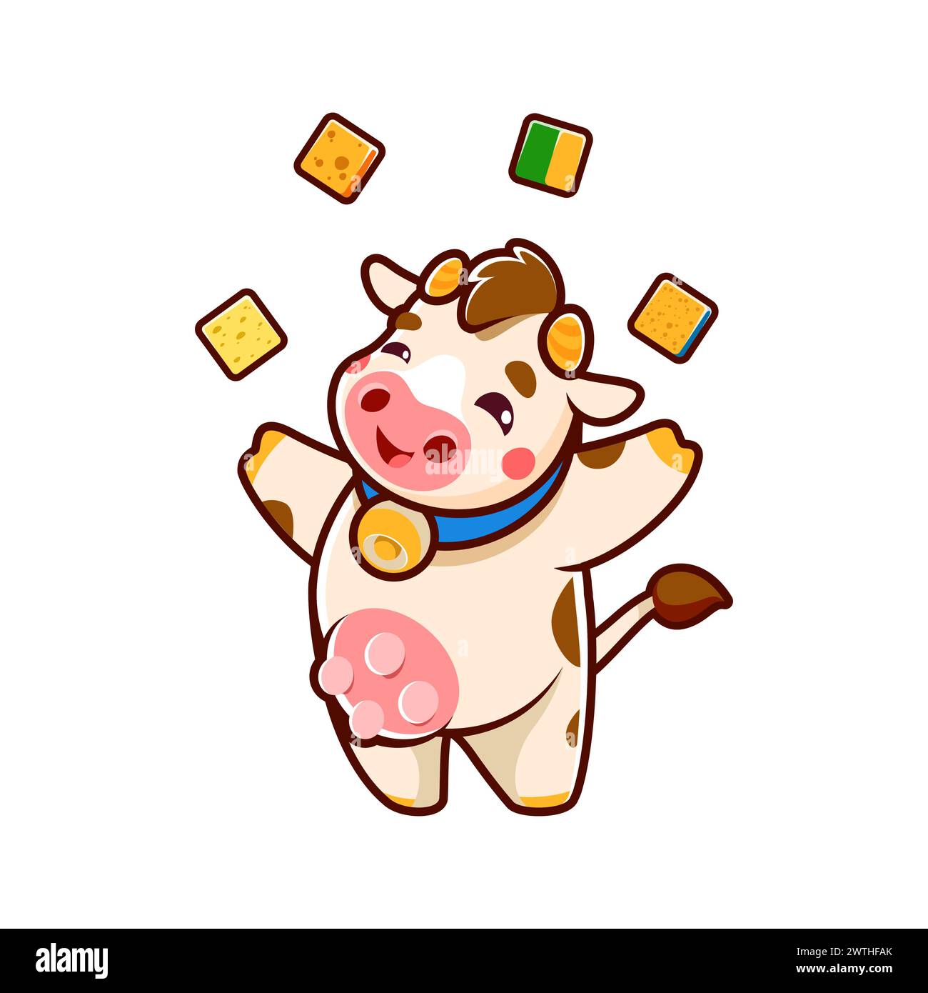 Cute cow cartoon character juggling pieces of cheese. Ox comic ...