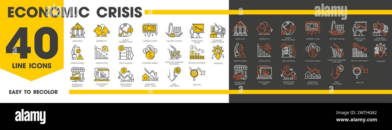Economic crisis and money loss line icons, downturn and bankruptcy ...