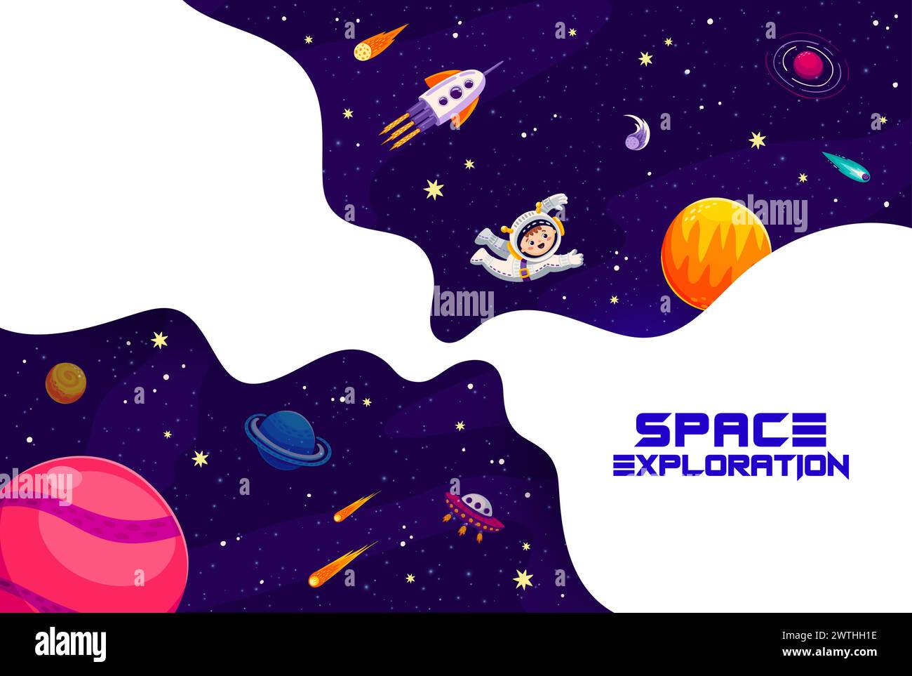 Space exploration banner, cartoon kid astronaut in galaxy outer space ...