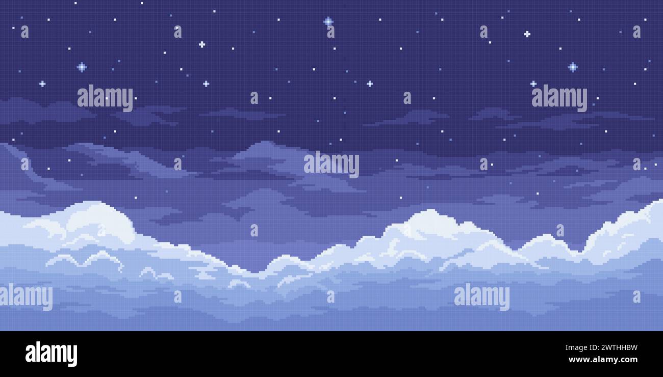 8bit pixel art night sky background, game space landscape features a dark blue canvas with ...